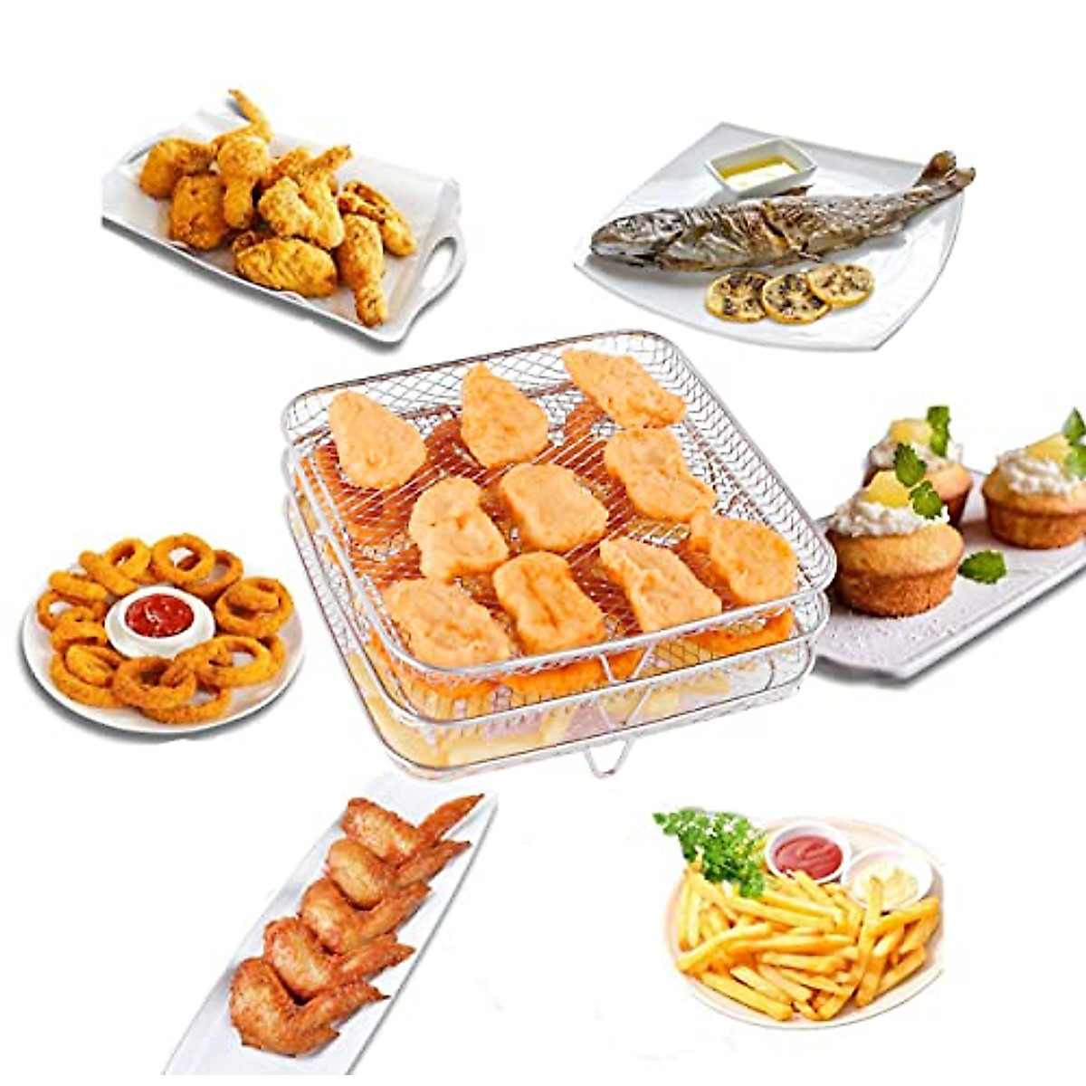 RAMLLY 8 inch Air Fryer Rack for Instant Vortex Fryer,Philips,COSORI Fryer,Square Three Stackable Racks,Stainless Steel Multi-Layer Dehydrator Rack,Air Accessories