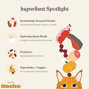 Made by Nacho Wet Cat Food Variety Pack, Cage-Free Chicken, Sustainably Caught Salmon, Grass-Fed Beef with Bone Broth for Extra Hydration, (12) 3 oz Pouches