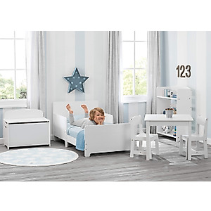 Delta Children MySize Toddler Bed, Bianca White, Dual Sided Recycled Fiber Core Mattress, 2 Attached Guardrails, 50 lbs Weight Capacity, 30 Inches Wide, 20 Inches Deep