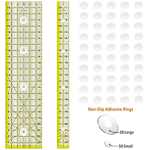Acrylic Ruler 7 Piece Set , Non Slip Rings 50 Pieces，Quilting Rulers, Size (6"x24"),(2"x24"),(3"x18"),(3"x8"),(1.5"x12"),(1"x12"),(1"x6")