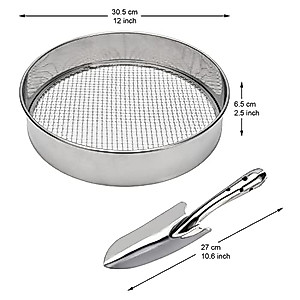 Soil Sieve Stainless Steel Riddle Sieve Set, 12" Diameter, with 3 Interchangeable Filter Mesh Sizes 3,6,9mm and Shovel