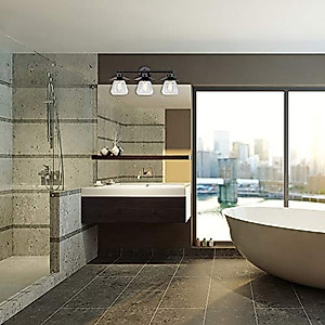 Globe Electric 51496 Nate 5-Piece All-in-One Bathroom Set, Oil Rubbed Bronze, 3 Vanity Light with Clear Glass Shades, Bar, Towel Ring, Robe Hook, Toilet Paper Holder