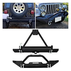 HECASA Front & Rear Bumper Compatible With 1987-1996 Jeep Wrangler YJ 1997-2006 Wrangler TJ W/Tire Carrier and D-Rings Powder Coated Steel Black(3 packages)