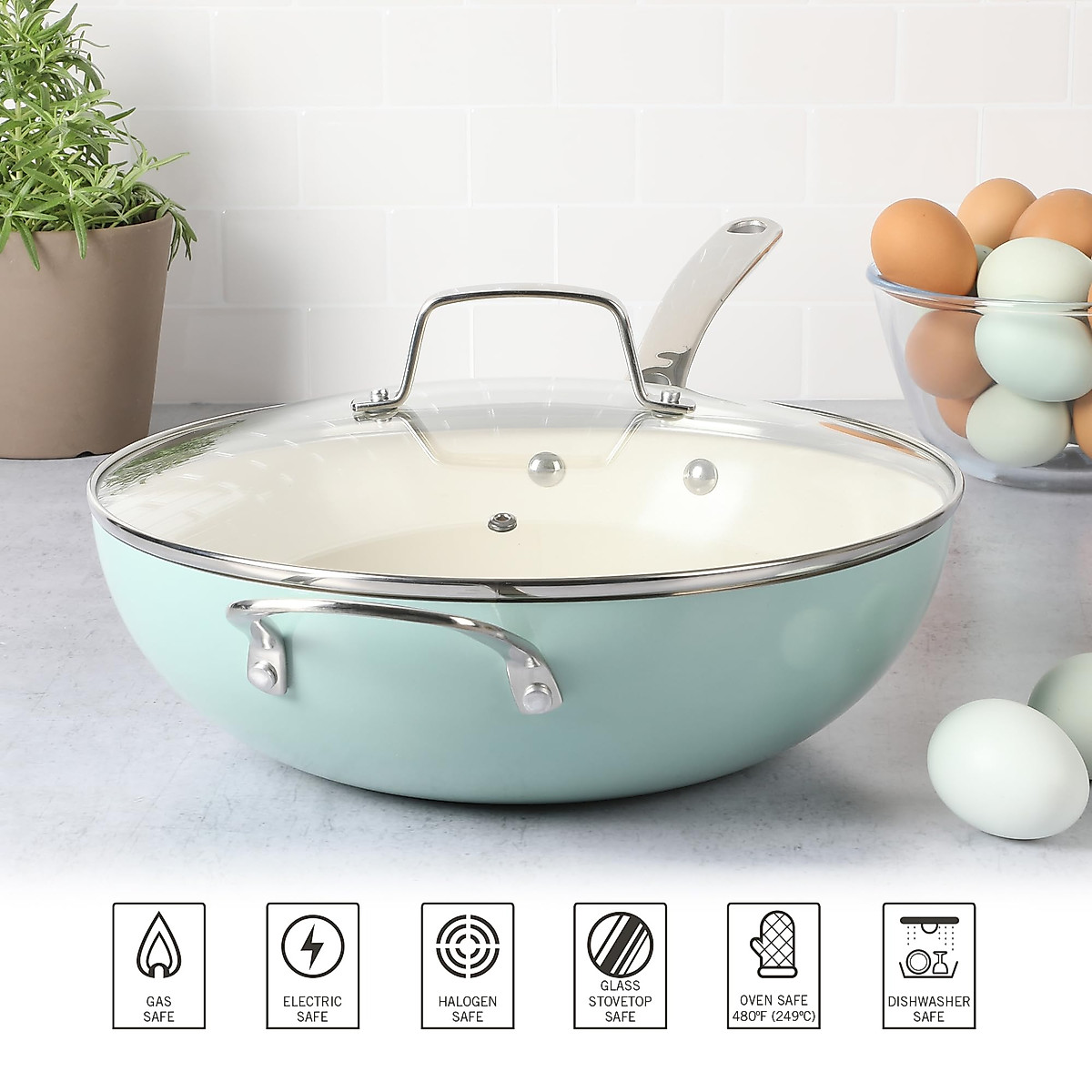 MARTHA STEWART Lockton 12" Essential Multipurpose Heavy Gauge Aluminum Frypan/Wok Pan w/PFA Free Premium Ceramic Nonstick Interior - Martha Blue