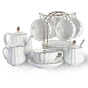 Porcelain Tea Sets British Royal Series, 8 OZ Cups& Saucer Service for 6, with Teapot Sugar Bowl Cream Pitcher Teaspoons and tea strainer for Tea/Coffee, Pukka Home (Pure White)