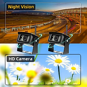 FHD 1080P Wireless Backup Camera Kit 7” LCD Monitor with Blue Backlit Buttons Support Split Screen Two Cameras IP69 Waterproof IR Night Vision for Bus/RV/Truck/Trailer/Motorhome/Boat