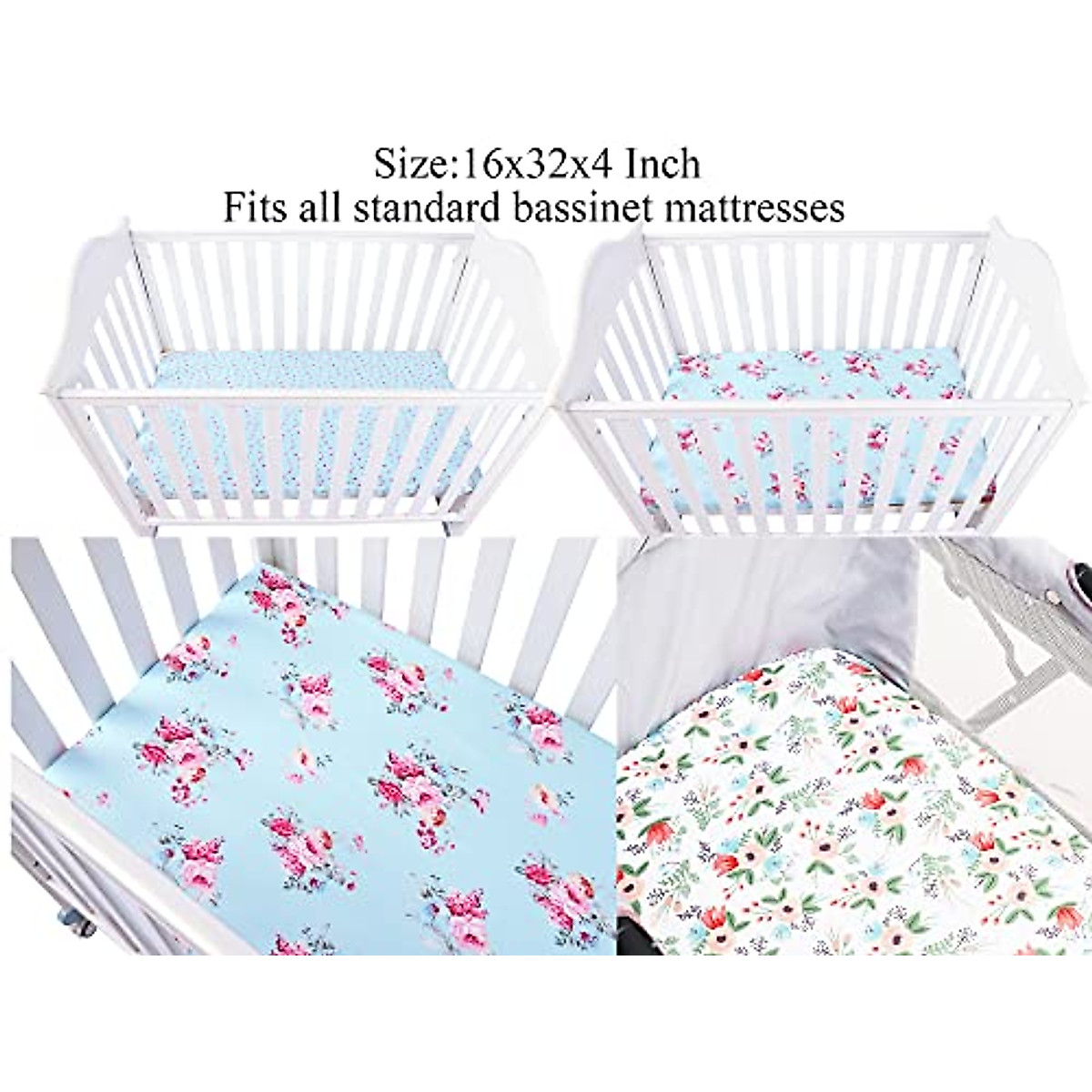 Floral Bassinet Sheet Set 3 Pack Jersey Knit Ultra Soft Stretchy Compatible with Halo,Graco,Dream On Me,MiClassic,Chicco Lullago,Delta,4Moms,Mika Micky Mattress and More for Baby Girl Boy Blue