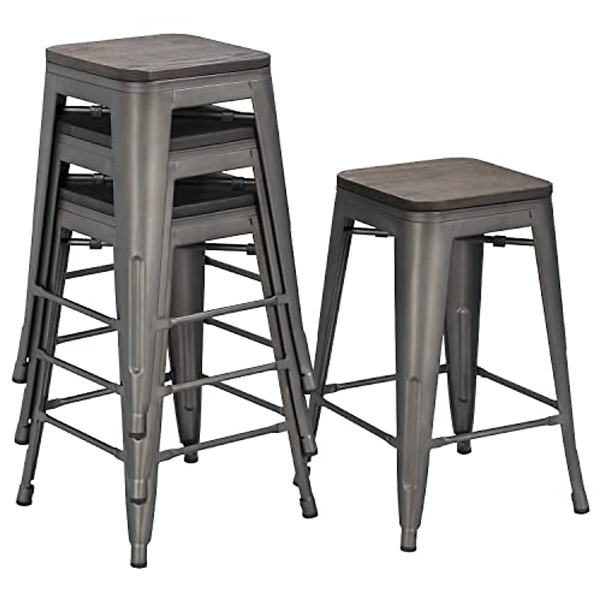 Yaheetech 24'' Counter Height Barstools 4PCS Metal Chairs Barstools for Patio with Wood Seat for Indoor and Outdoor, Gun Metal