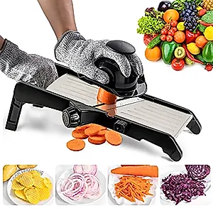 Mandoline Slicer for Food and Vegetables -VEKAYA Adjustable Kitchen Vegetable Slicer For Potatoes and Onion| French Fry Slicer, Vegetable Chopper and Cutter with Waffle Maker and Gloves (Black)