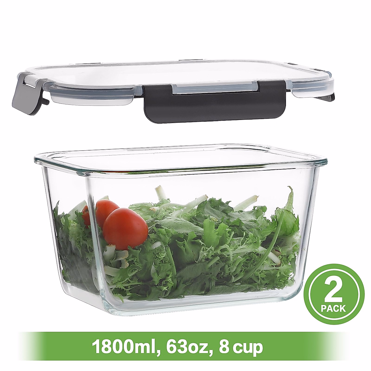 HOMBERKING 4 Pieces 63oz/8cup Large Glass Food Storage Containers, Meal Prep, Airtight Bento Boxes with Leak Proof Locking Lids for Microwave/Oven Freezer Dishwasher, BPA Free(2 Containers + 2 Lids)