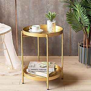 FUNME Gold Folding End Table 2-Tier Metal Round Side Table with Removable Tray for Living Room,(15.2''Dx20''H)
