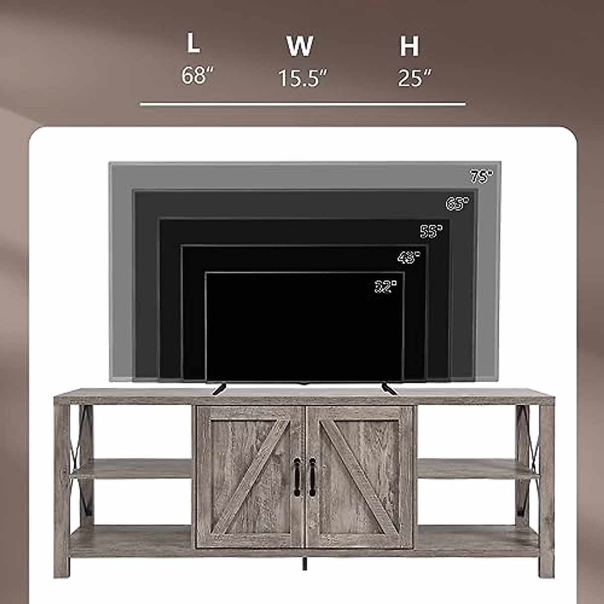 4 EVER WINNER 70" Farmhouse TV Stand for 70 75 80 Inch TV for Living Room, Industrial & Rustic Farmhouse Entertainment Center for 75 Inch TV with Storage and Shelves, Long TV Stand Console, Grey Wash