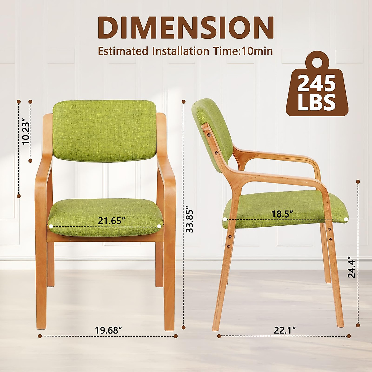 CLATINA Green Wood Mid Century Accent Chair, Fabric Armchair Side Chair with Comfort Seat Backrest for Dining Living Room Bedroom Reading Room Balcony(2P)