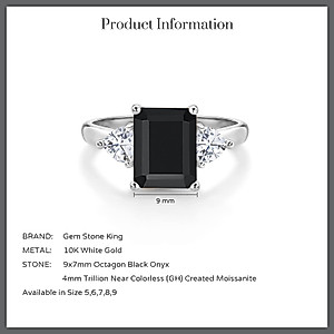 Gem Stone King 10K White Gold Black Onyx and White Moissanite 3-Stone Engagement Ring | 2.56 Cttw | Emerald Cut 9X7MM | 3 Stone Wedding Anniversary Promise Ring For Women (Size 7)