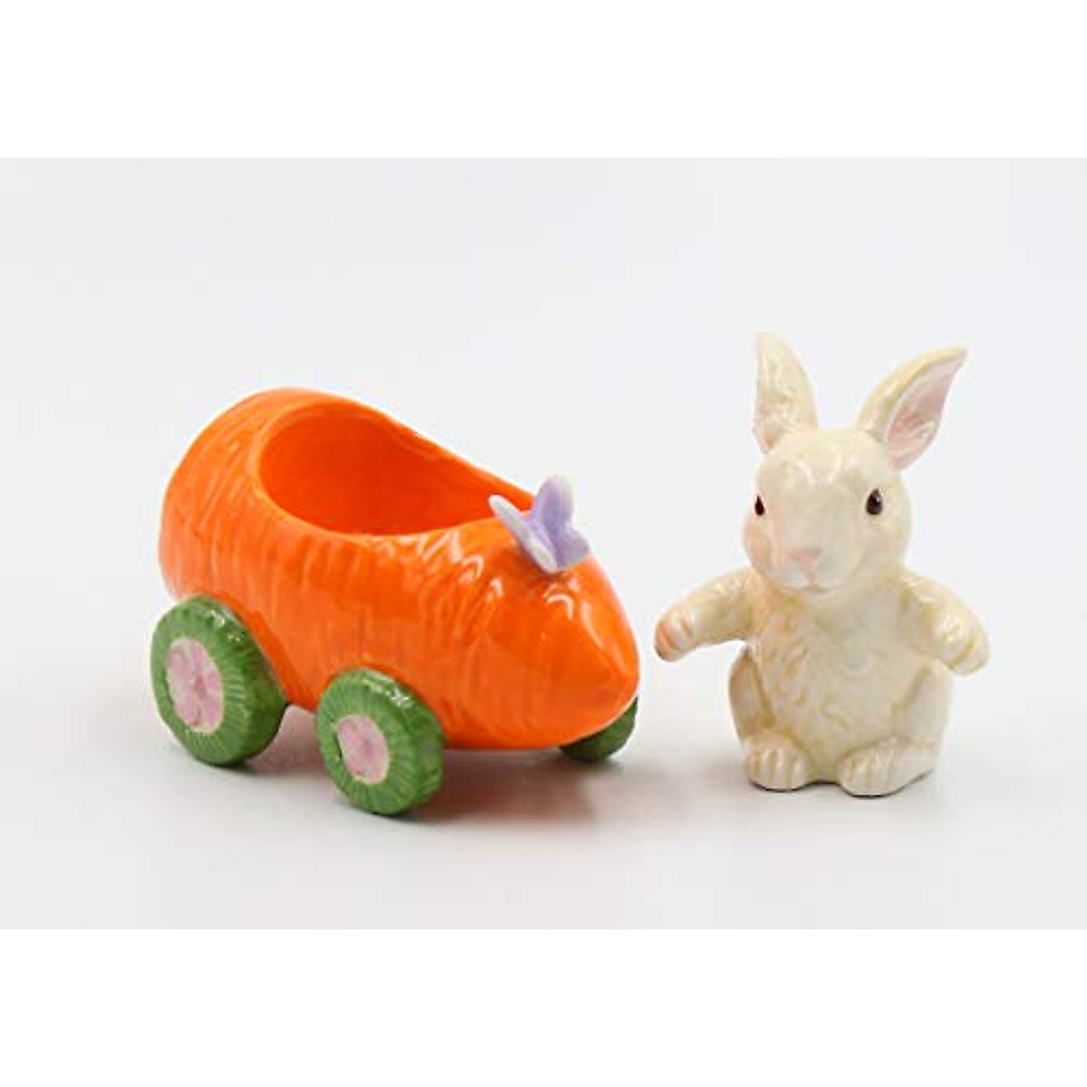 Fine Ceramic Bunny Rabbit on Carrot Cart Salt & Pepper Shakers, 4 1/4" L