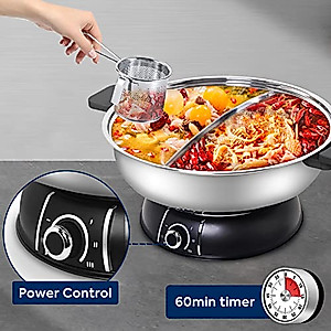 Austric Electric Shabu Shabu Hot Pot, 304 Stainless Steel Hot Pot with Divider Electric pot with Tempered Glass Lid for Party, Family Gathering,5L large capacity（Silver） (Shabu Lift Timer)