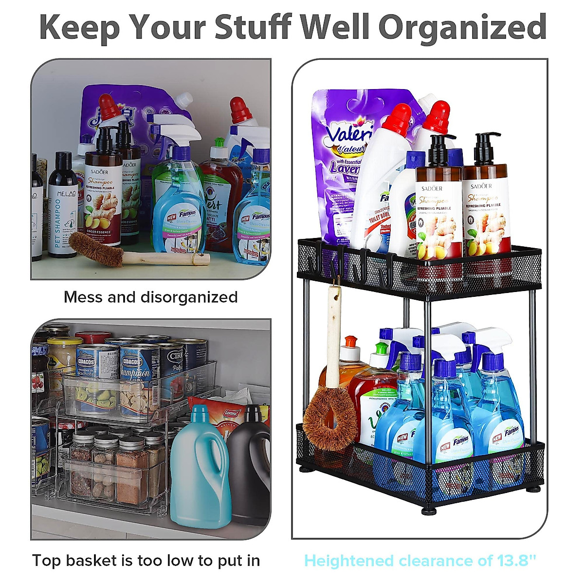 SZJHXIN Under Sink Organizer and Storage, Bathroom Cabinet Organizer, 2 Tier Metal Cabinet Basket Organizer Drawer with 4 Hooks (Black)