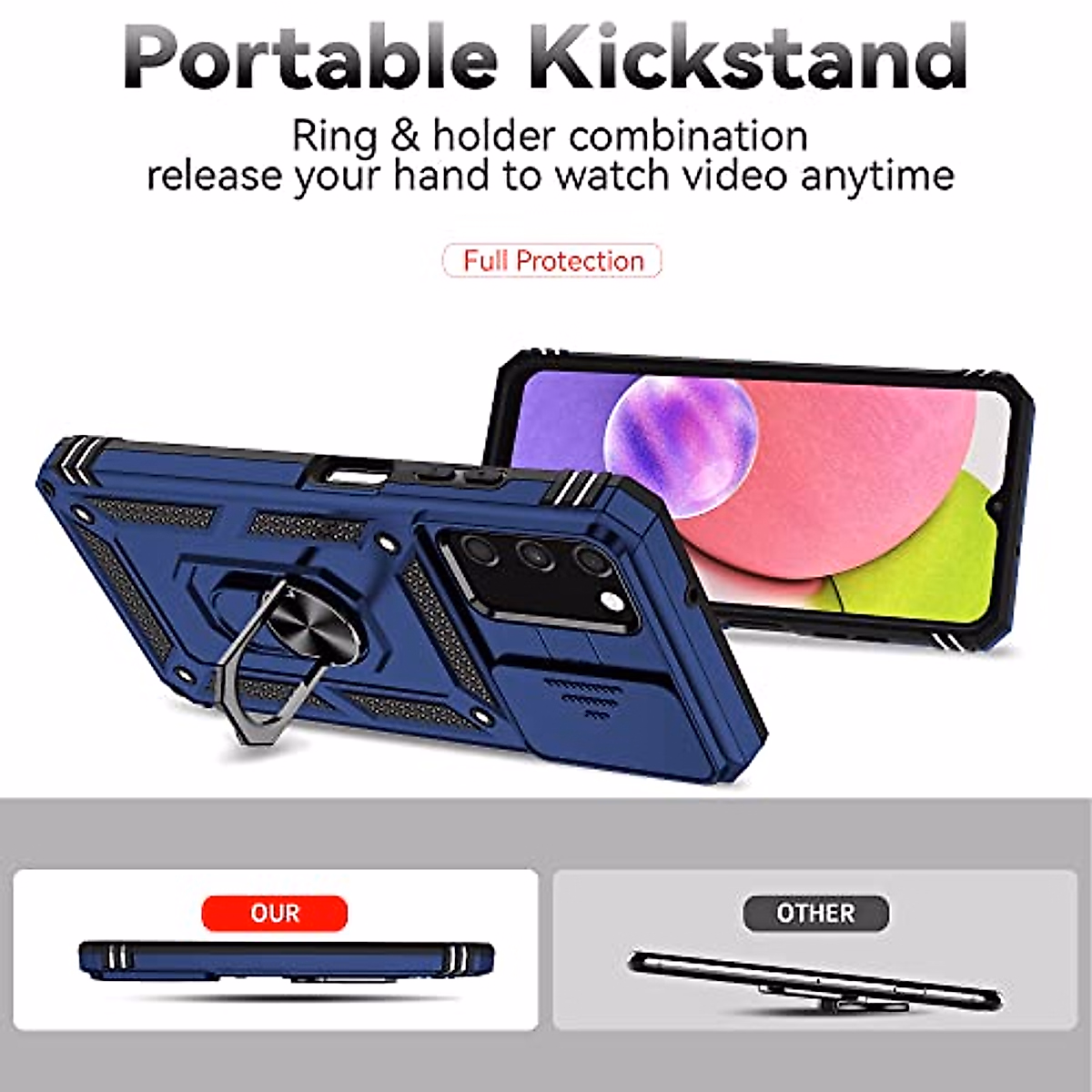 for Samsung Galaxy A03S Case with Slide Camera Cover HD Screen Protector [Military Grade 16ft. Drop Tested] Magnetic Ring Holder Kickstand Protective Phone Case for Samsung Galaxy A03S, Navy Blue