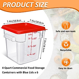 Yungyan 6 Pcs Commercial Clear Food Storage Containers 4 Qt Square Acrylic Airtight Food Storage Containers with Lids for Kitchen Restaurant Pantry Freezer Flour Sugar(Red)