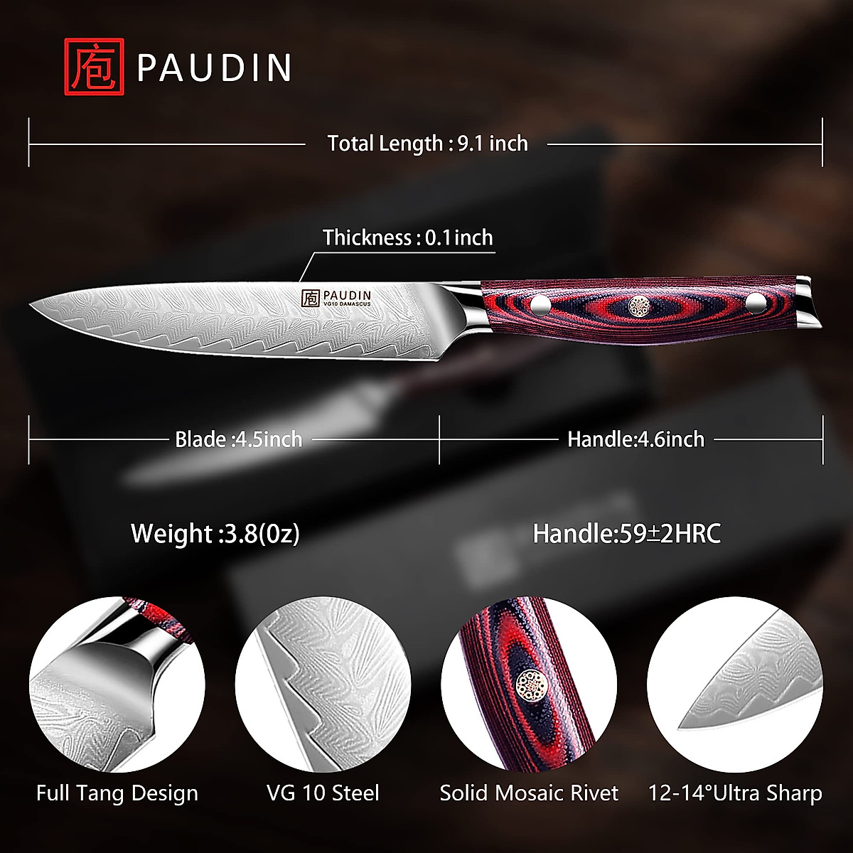 PAUDIN Kitchen Utility Knife, 5" Kitchen Knife, Professional Japanese VG10 Damascus Stainless Steel Knife with Ergonomic Full Tang G10 Handle