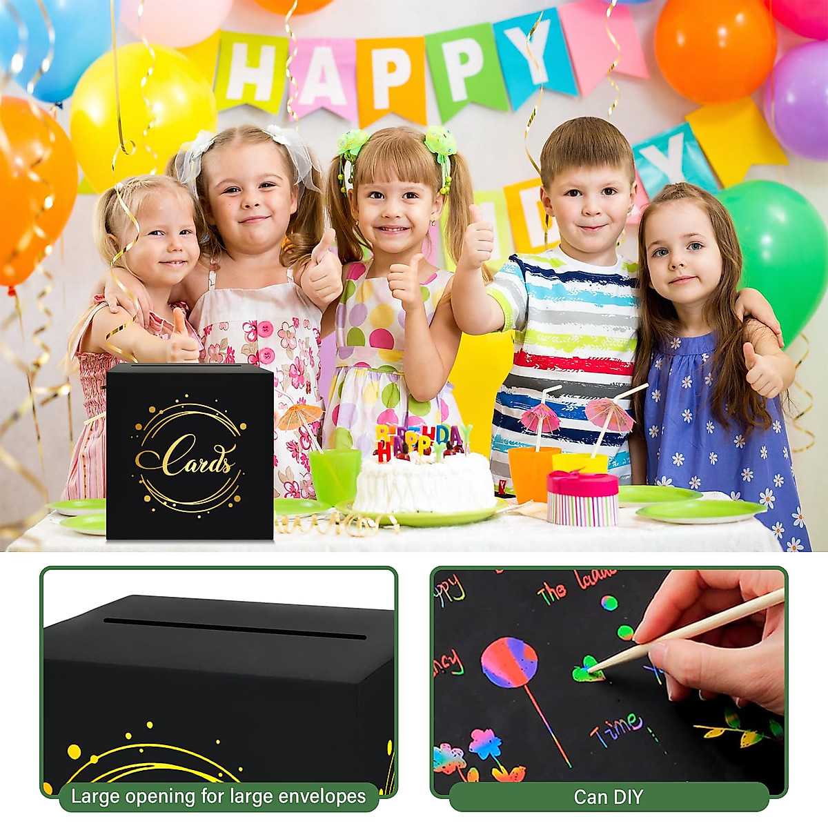 LIKAJON 1 Pack Black and Gold Foil Card Box for Party, 8.7" Black Gift Card Box Money Box for Birthday, Wedding, Baby Shower, Retirement, Anniversary, Bridal Shower, Raffle Ticket