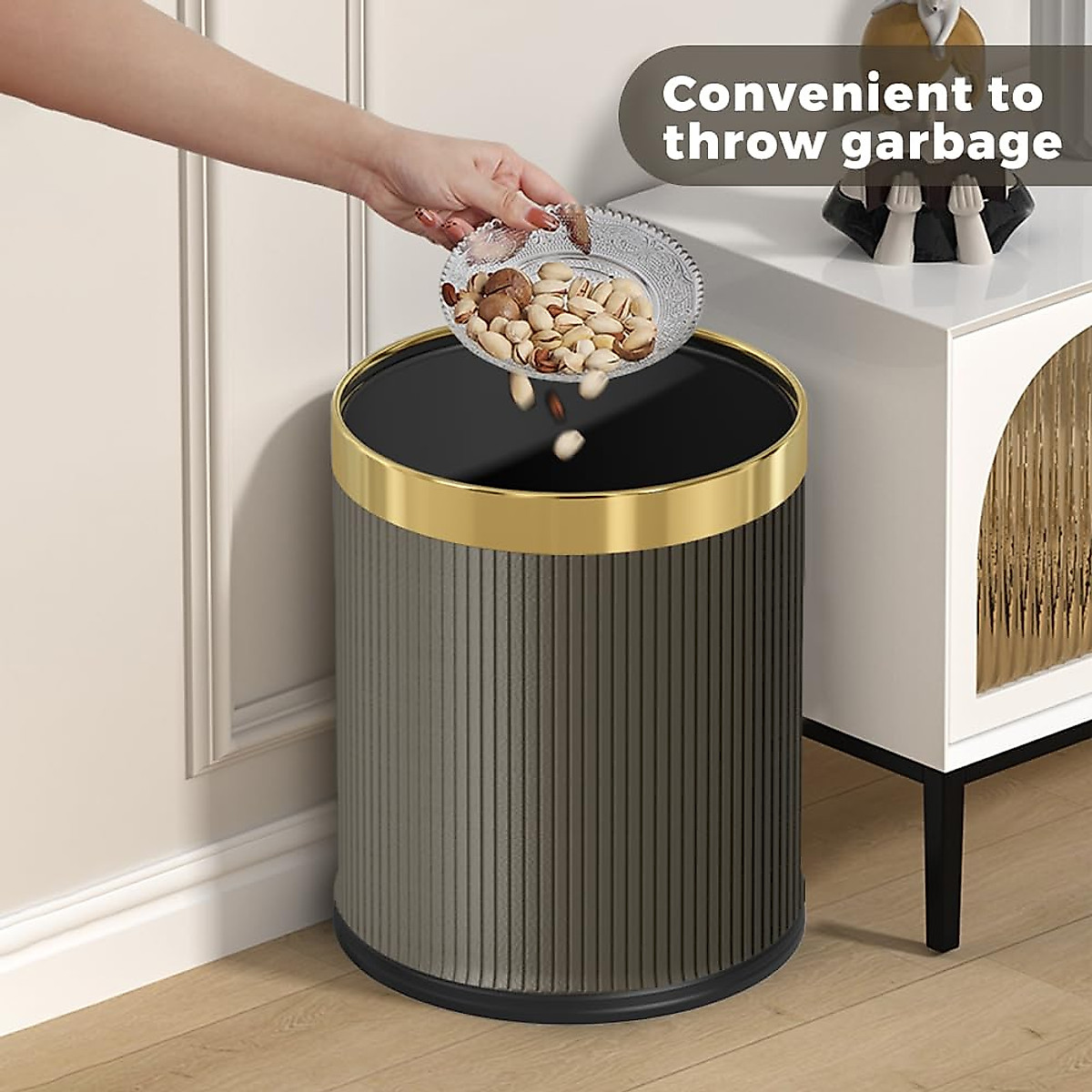 10L/2.6GAL Bathroom trash can without lid,Metal Waste Bin with Leather Cover,Open Top Office Wastebasket, Round Garbage Can for Bathrooms, Powder Rooms, Kitchens, Home, Office and and High-End Hotel