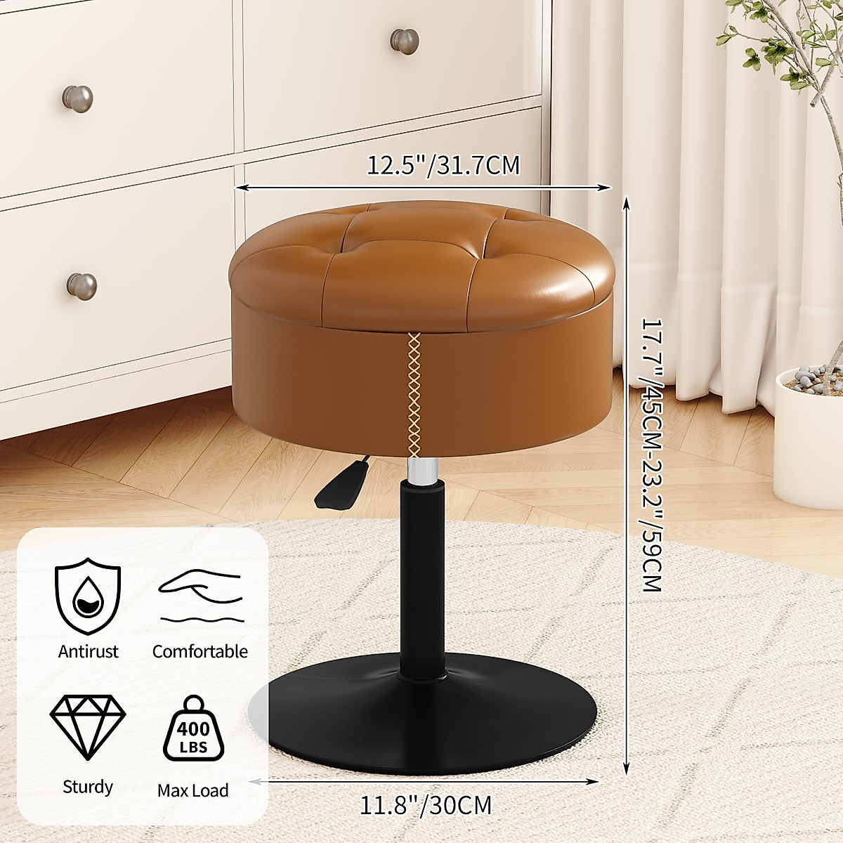 ACEQLYT® Modern Minimalist Vanity Stool with Hidden Storage, Adjustable Vanity Chair for Makeup Room, 300lb Load Capacity Ottoman Makeup Chair for Vanity Desk Bedroom Bathroom, Brown Leather