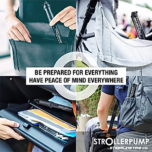 StrollerPump by Steerling Tire Co.- Portable Stroller Tire Pump Compatible with Graco, Baby Trend, BOB Stroller & More *UNCAP Stroller Pump to FIND The Bendable Hose* Valve Adaptors & Mount Included