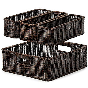 EZOWare Set of 4 Decorative Woven Storage Tray Bins, Resin Wicker Tray Drawer Organizer Basket Containers for Baby Nursery Room - 2 Sizes, Dark Brown