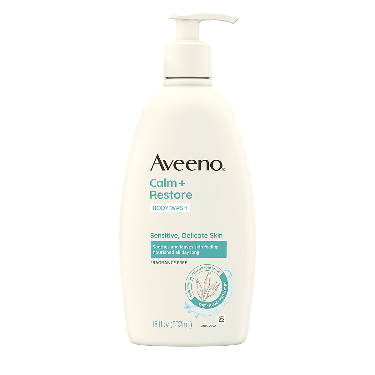 Aveeno Calm + Restore Daily Body Wash for Sensitive, Delicate Skin, Gentle Cleanser with Oat, Aloe & Pro-Vitamin B5 Soothes & Leaves Skin Feeling Nourished, Fragrance Free, 18 fl. oz
