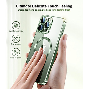 Waldeng for iPhone 13 Pro Max Case with Integrated Camera Lens Protection, [Seamless Work with Magsafe] [Metallic Glossy Soft Bumper], Diamond Clear Stylish Case for iPhone 13 Pro Max, Alpine Green