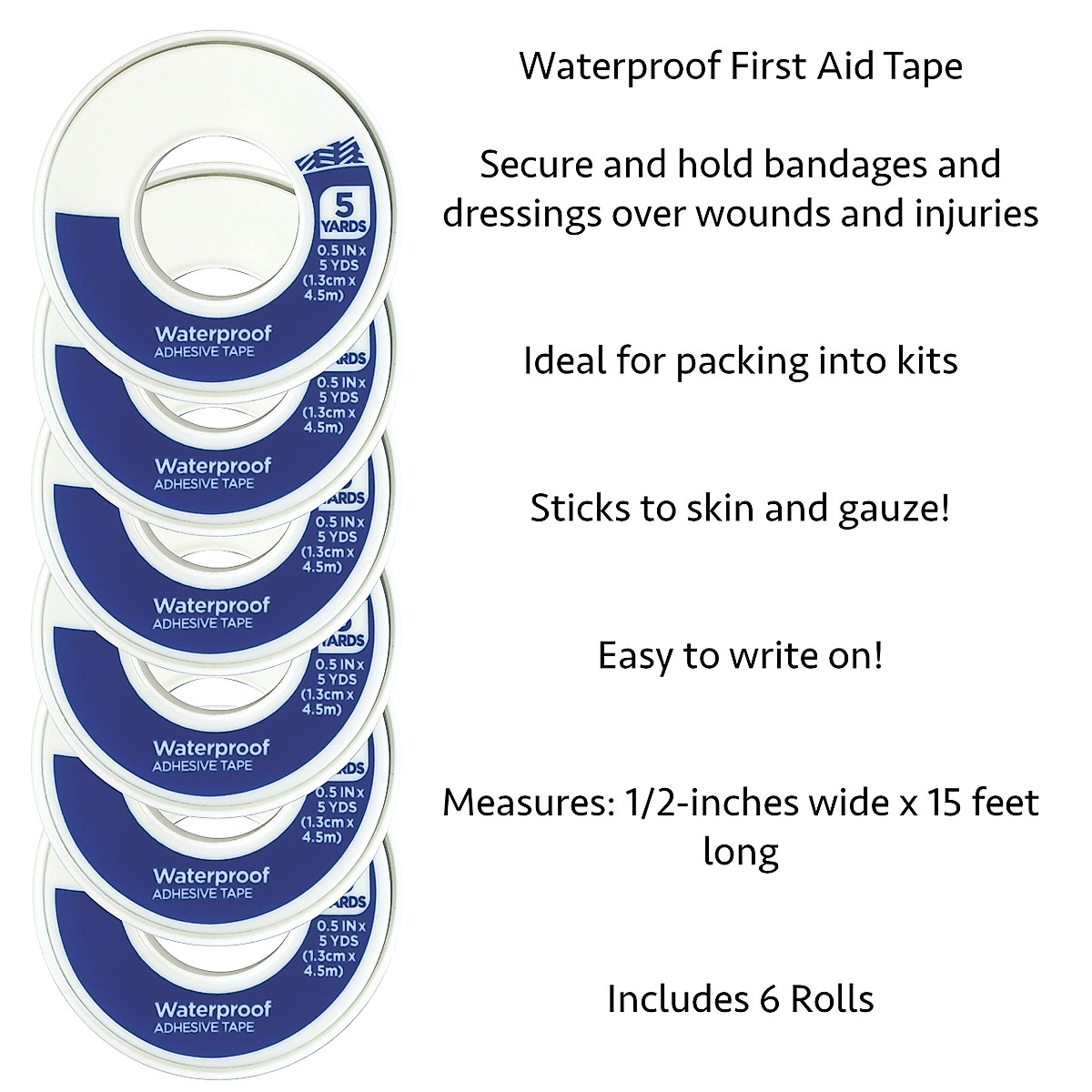 Iconikal First Aid Waterproof Adhesive Tape, White, 0.5 Inch x 5 Yards, 4-Pack