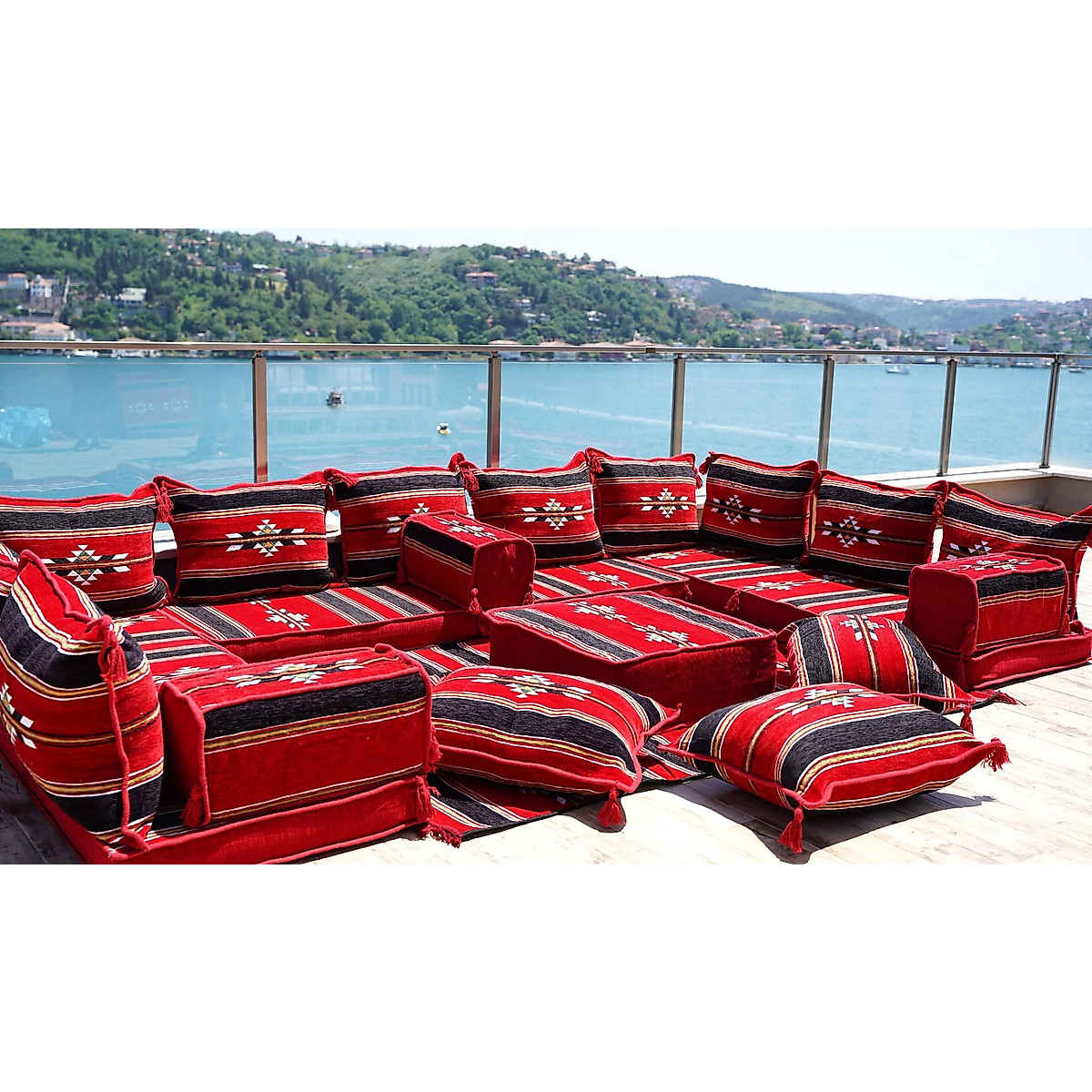Red Corner Floor Sofa Seating Set, U Shaped Arabic Sofa Set, Oriental Floor Seating, Floor Cushions, Living Room Sofa, Arabic Majlis,Floor Couch (U Sofa Full Set)