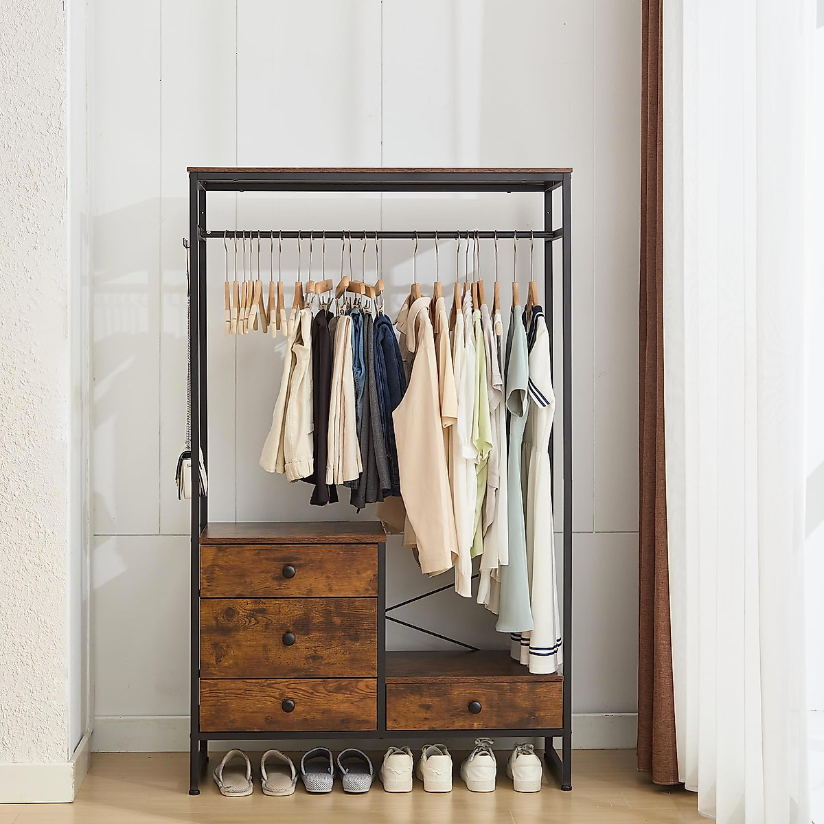 YIGOBUY Heavy Duty Garment Rack with Drawers Clothes Rack for Hanging Clothes, Industrial Clothing Racks with Shelves, 4 Fabric Drawer, Freestanding Closet Organizer, Rustic Brown