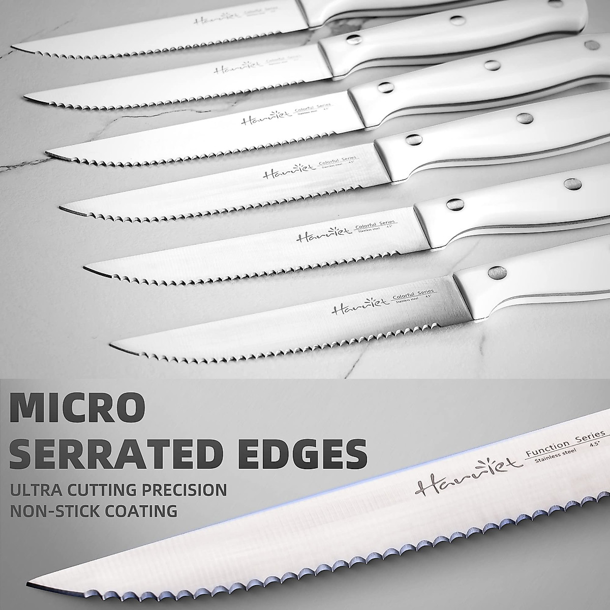 harriet Steak Knife Set, Serrated Steak Knives Set of 6, Full Tang German Stainless Steel Steak Knives, White