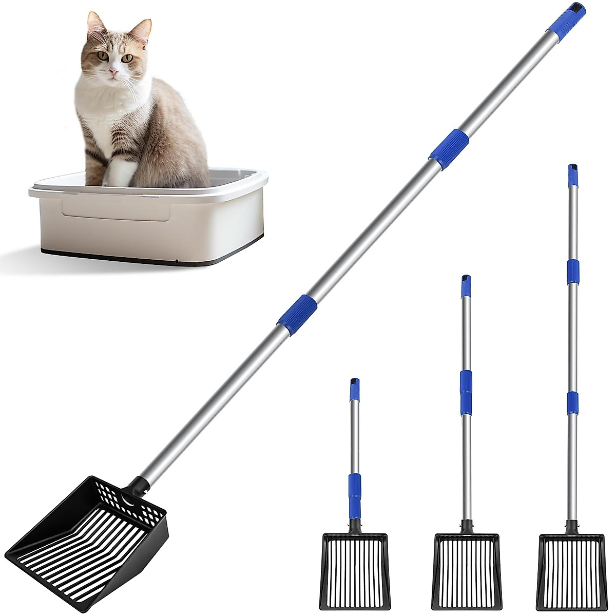 JAMIEWIN Extendable Metal Cat Litter Scoop, Long Handle Litter Sifting Shovel, 21"-39.5" No Bending Back Cat Scooper for Litter Box Heavy Duty Pet Poop Shovel Chicken Poop Scooper