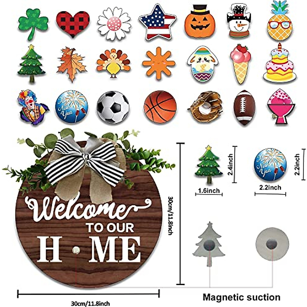 Welcome Sign for Front Door Interchangeable Sign for Fall Decor Farmhouse Decor with 21 pairs of Interchangeable Seasonal Holiday Icons,Suitable for Valentine's St. Patrick's Easter Halloween Thanksgiving Christmas New Year,Fun DIY Wood Reversible Door Si