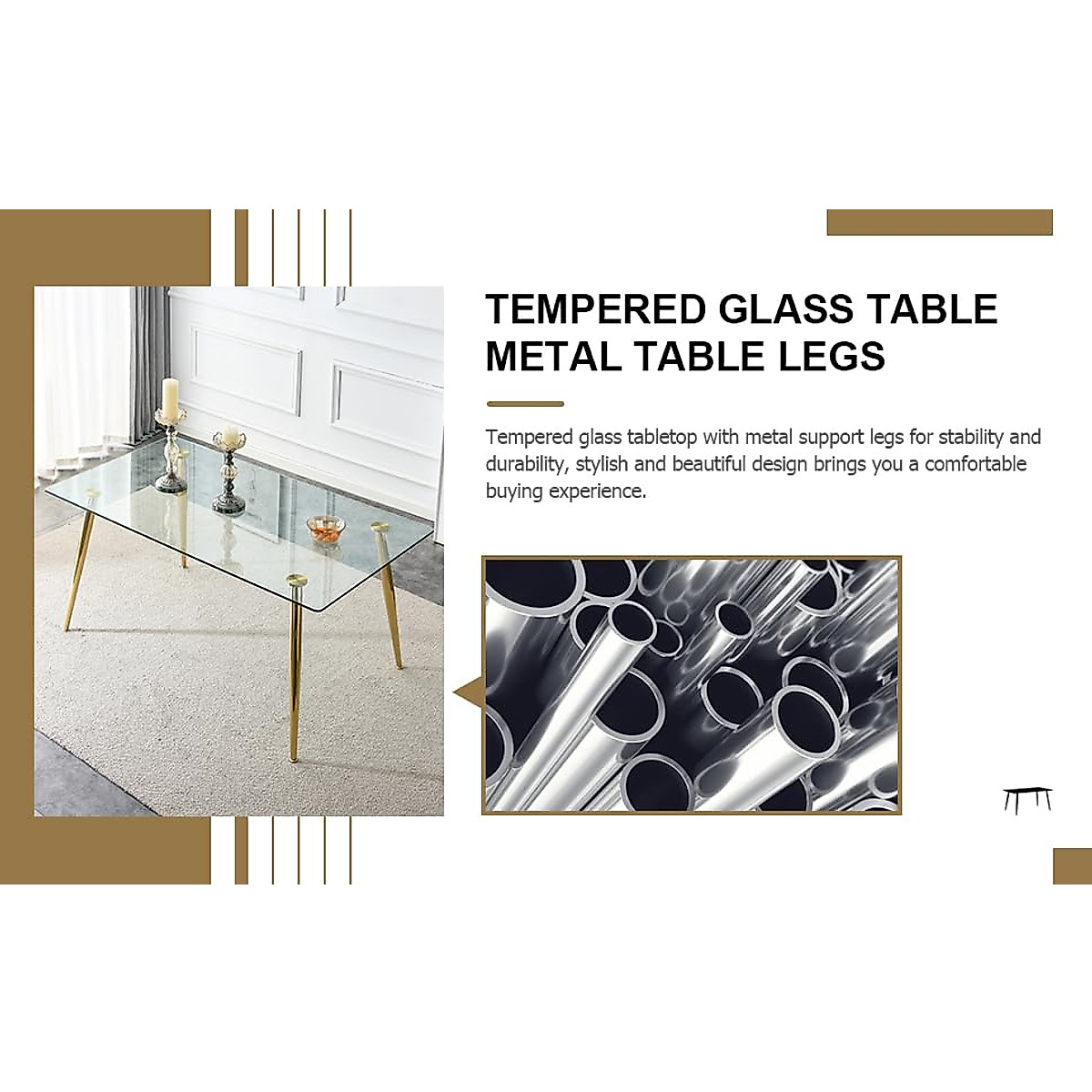 VENBER Rectangle Glass Dining Table with Gold Legs, 63" Modern Transparent Tempered Glass Desktop,End Tables Center Table for Living Room,Dining Room, Tea (Gold)