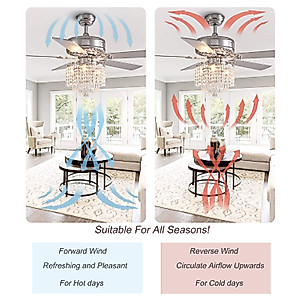 Moooni 52 Inch Modern Crystal Ceiling Fan with Lights and Remote, Elegant Chandelier Fan Light KIt Fandelier with 5 Wooden Blades for Bedroom Living Room Silver