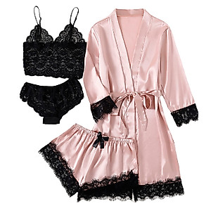 LYANER Women's 4pcs Sleepwear Satin Floral Lace Trim Cami Pajama Set with Robe Solid Pink Medium
