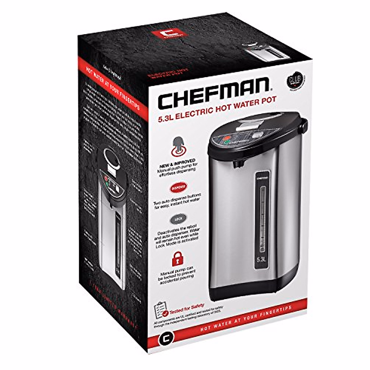 Chefman Electric Hot Water Pot Urn w/ Auto & Manual Dispense Buttons, Safety Lock, Instant Heating for Coffee & Tea, Auto-Shutoff/Boil Dry Protection, Insulated Stainless Steel, 5.3L/5.6 Qt/30+ Cups