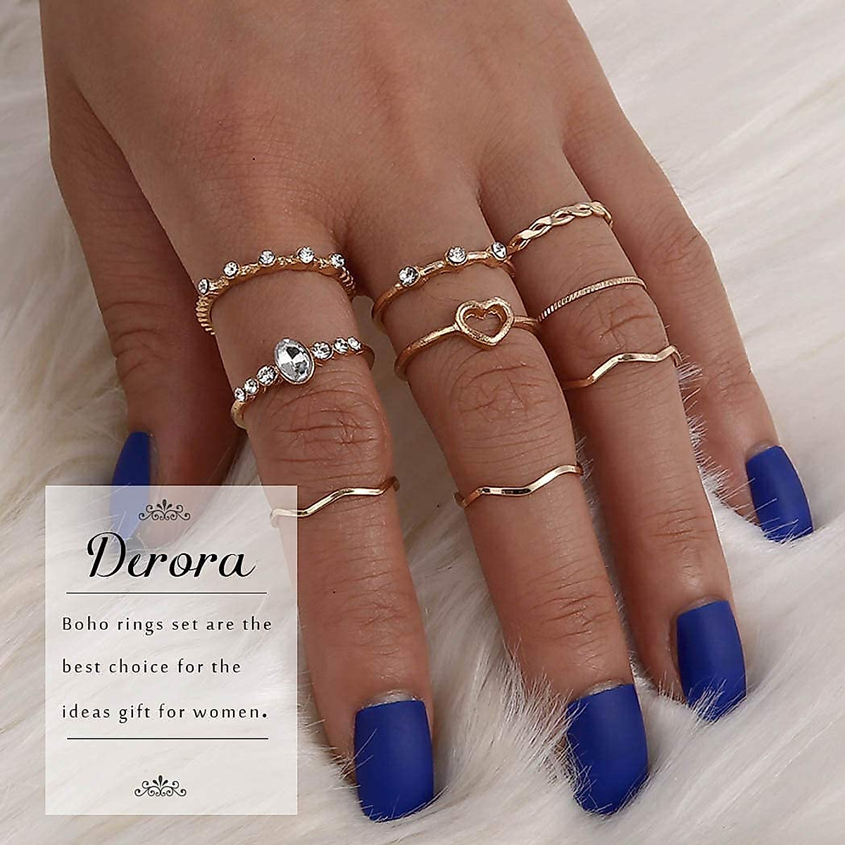 Salliy Boho Rings Set Gold Rings Crystal Joint Knuckle Finger Rings Stackable Rings Jewelry for Women (F)