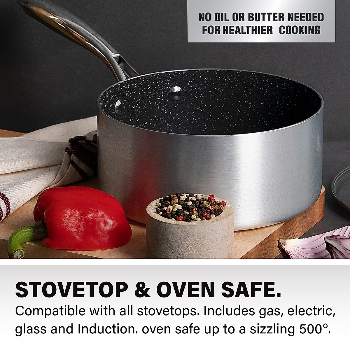 Granitestone Nonstick 3 Quart Saucepan with Glass Lid, Small Pot with Lid-Ultra Durable Coating with Brushed Exterior Silver-100% PFOA Free-Dishwasher & Oven Safe