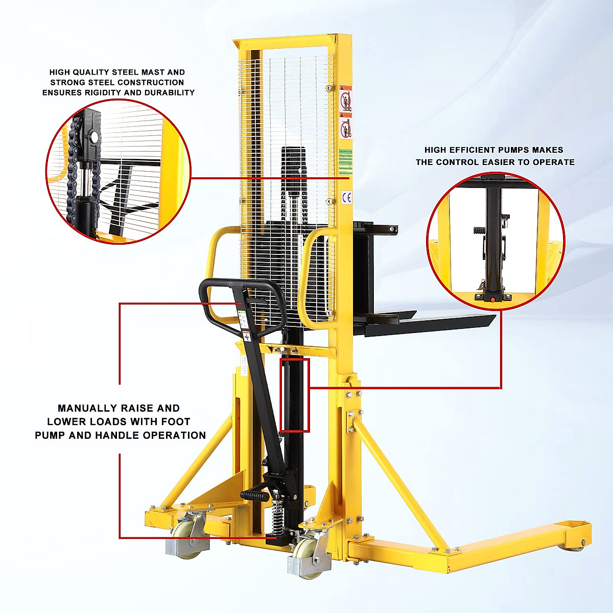 Xilin Manual Pallet Stacker 1100lbs Capacity 63" Lift Height with Straddle Legs Adjustable Forks