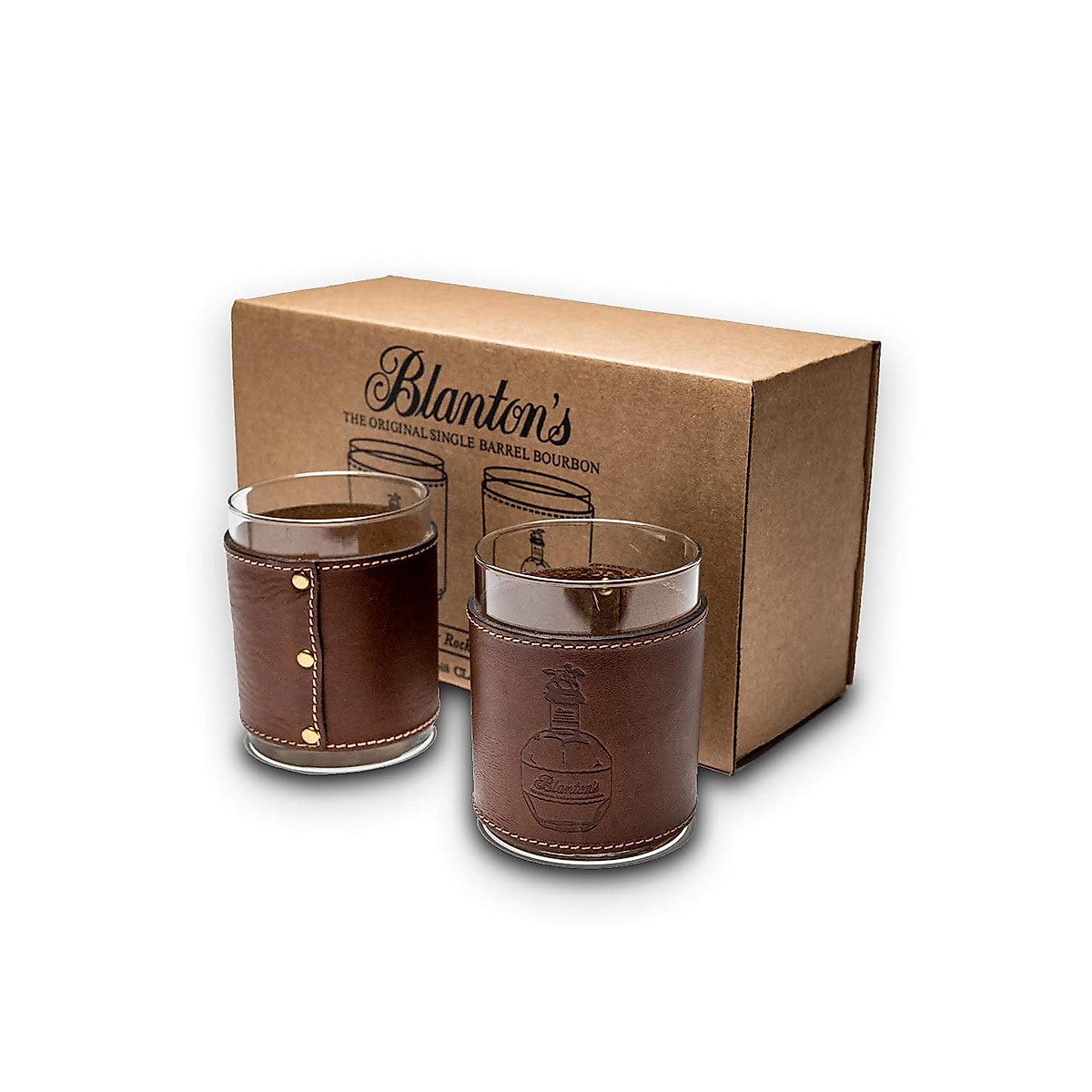 Blanton's Handmade Set of Leather Wrapped Whiskey Glasses with Gift Box