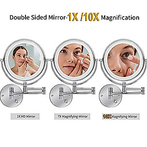 Jolitac 8.5 Inch LED Makeup Mirror Wall Mount, 10X/1X Magnification Chrome Personal Make Up Mirror Round Shaped, Double-Sided Swivel Vanity Mirror Touch Button Adjustable Light for Bathroom