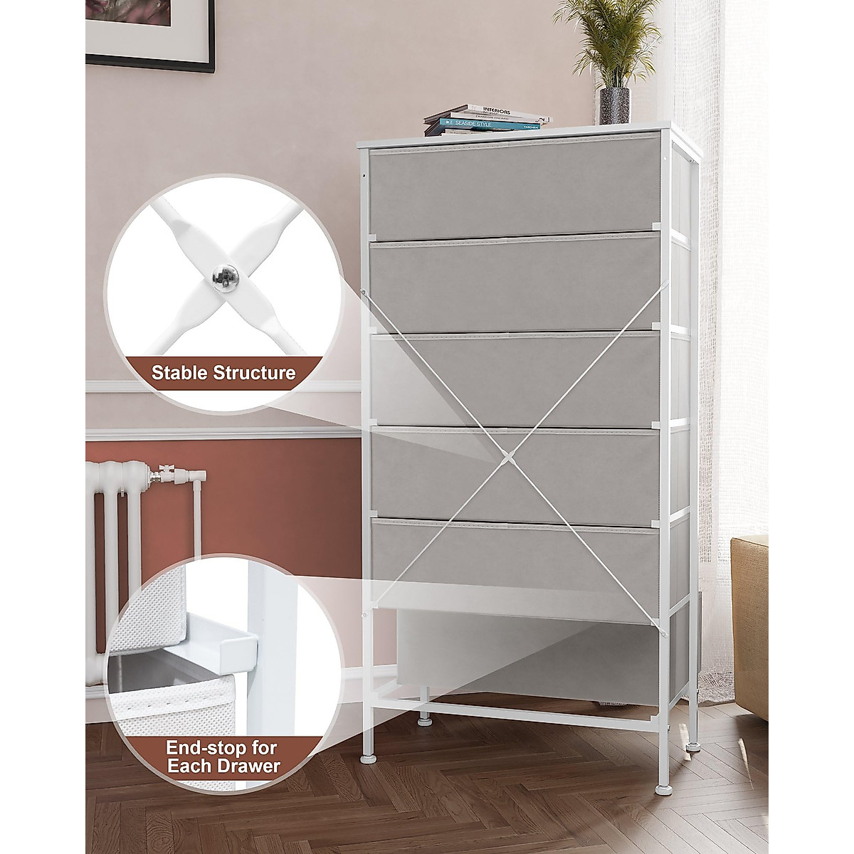 Crestlive Products Rattan Dresser Storage Tower, Tall Fabric Dresser, Chests of Drawers, Wood Top &Wood Handles - Organizer Unit for Bedroom, Hallway, Entryway, Closets - 6 Drawers (White)