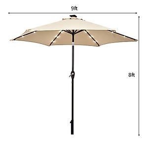 Tangkula 9FT Solar Powered LED Lighted Patio Umbrella, Table Market Umbrella with Tilt and Crank, Outdoor Umbrella with 6 Sturdy Ribs for Garden, Deck, Backyard & Pool (Beige)