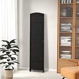 GOFLAME 6 Panel Room Divider, 5.6FT Tall Folding Privacy Screen with Hand-Woven Design & Solid Wood Frame, Freestanding Wall Divider, Room Partition Separator for Home Office, Black