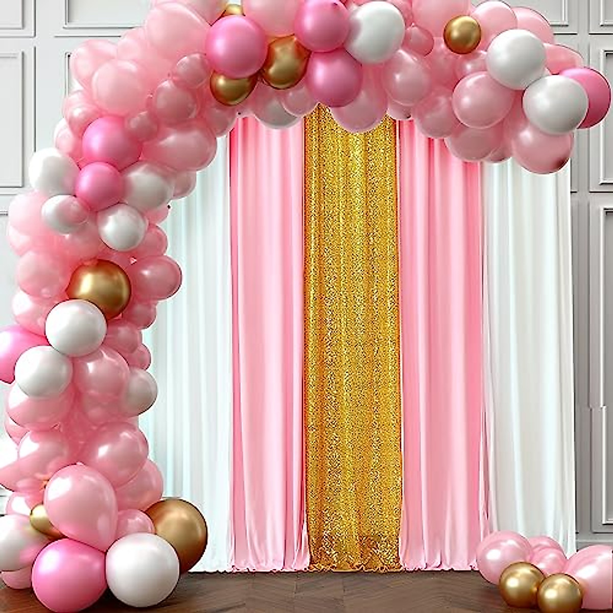 Backdrop Curtains Pink White Backdrop Drapes Fabric with Gold Sequin Backdrop for Birthday Party Baby Shower Girl Bedroom Decoration 5PCS 1.6ft×7ft